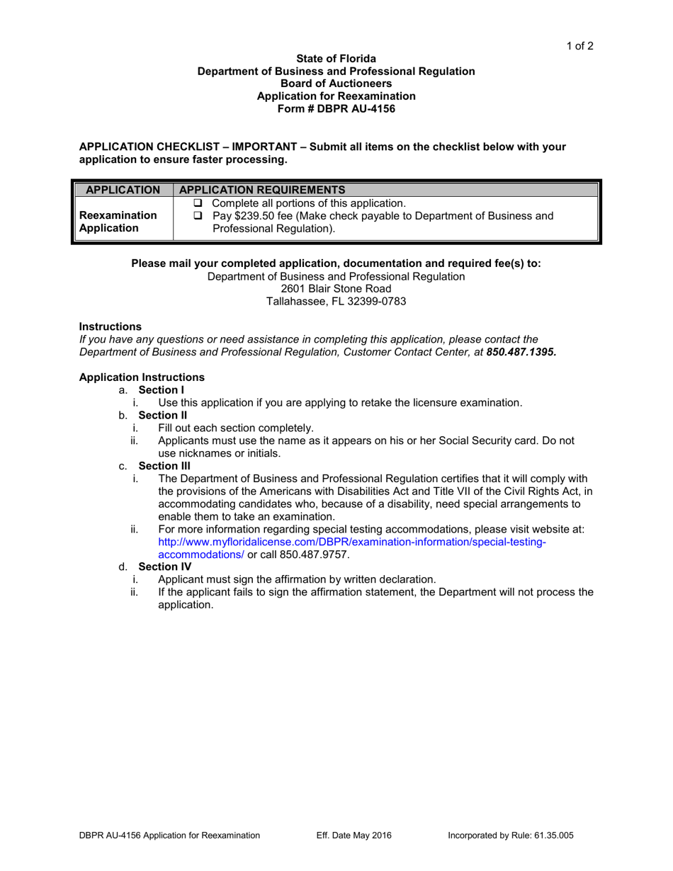 DBPR Form AU-4156 - Fill Out, Sign Online and Download Printable PDF ...