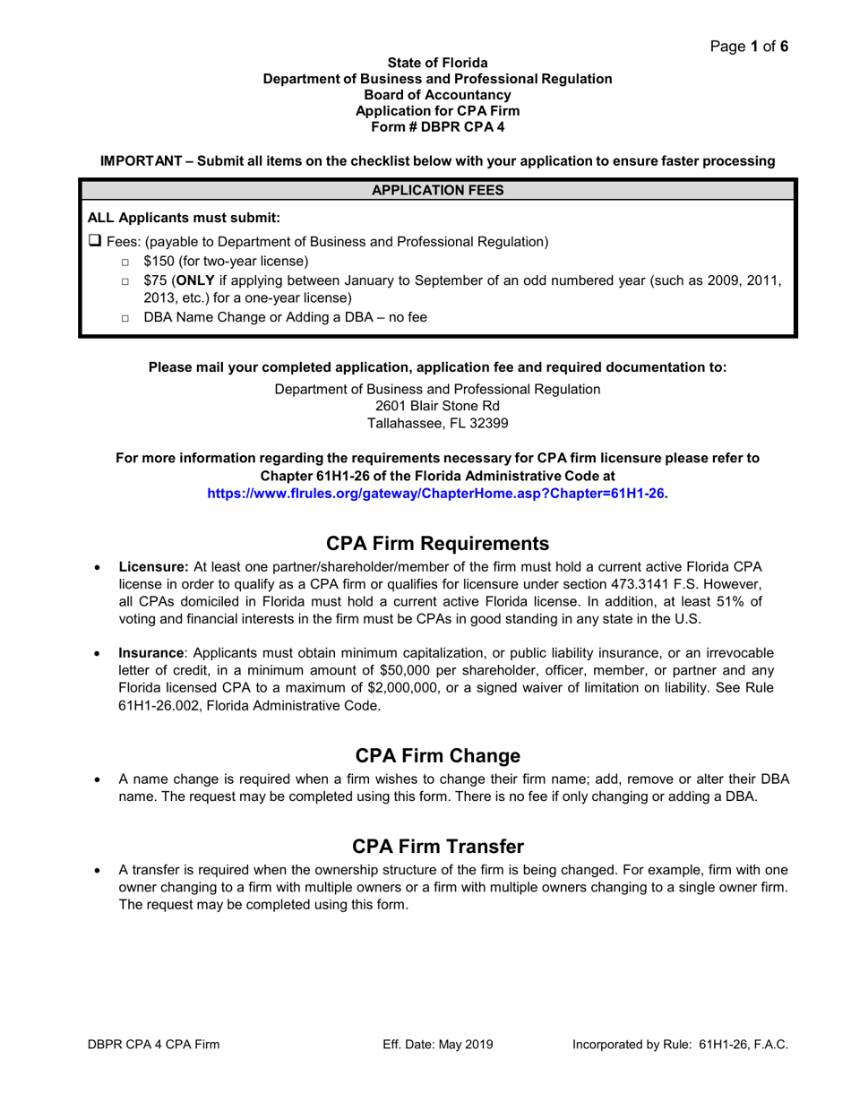 Form DBPR CPA4 Download Printable PDF or Fill Online Application for ...