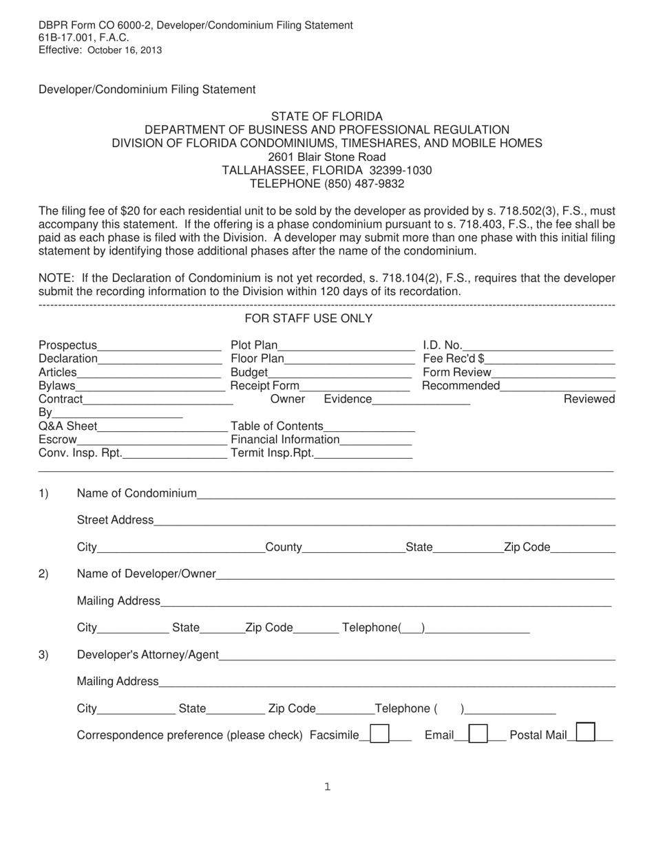 DBPR Form CO6000-2 - Fill Out, Sign Online and Download Printable PDF ...