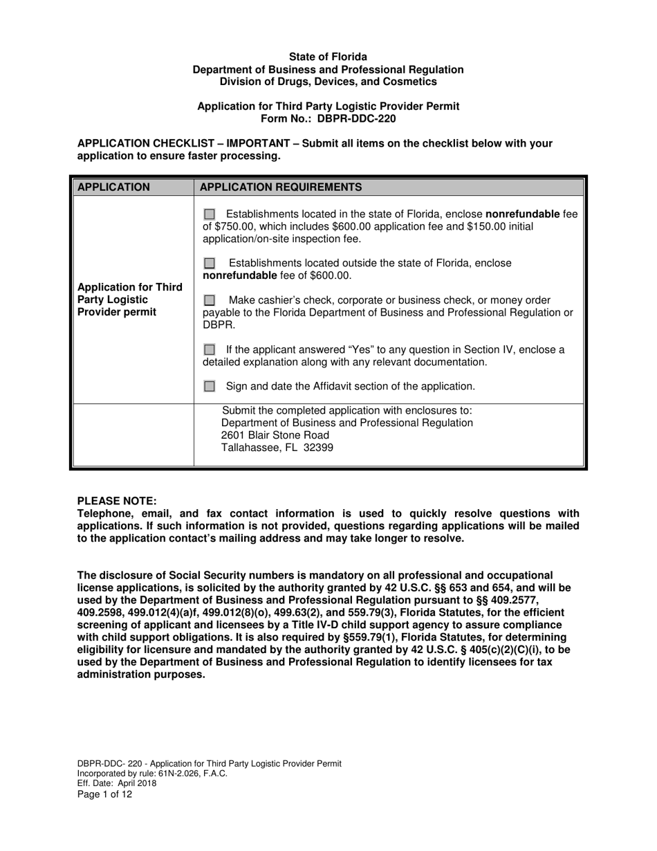 Form DBPR-DDC-220 - Fill Out, Sign Online and Download Printable PDF ...