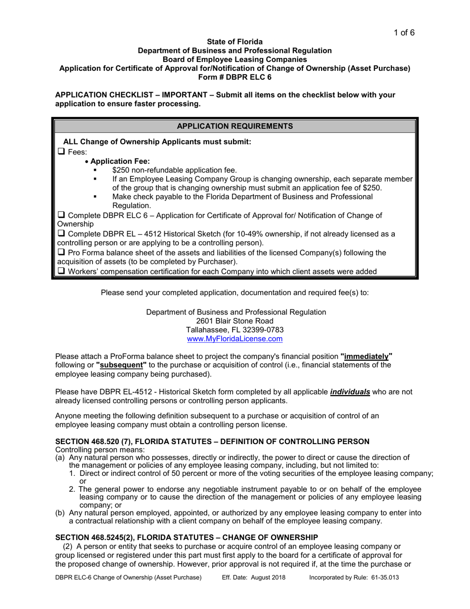 Form DBPR ELC-6 - Fill Out, Sign Online and Download Printable PDF ...