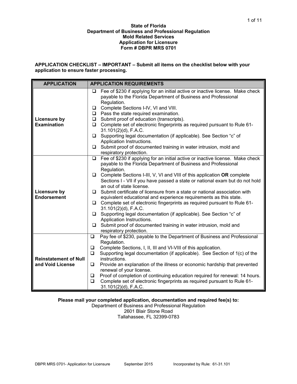 DBPR Form MRS0701 - Fill Out, Sign Online and Download Printable PDF ...
