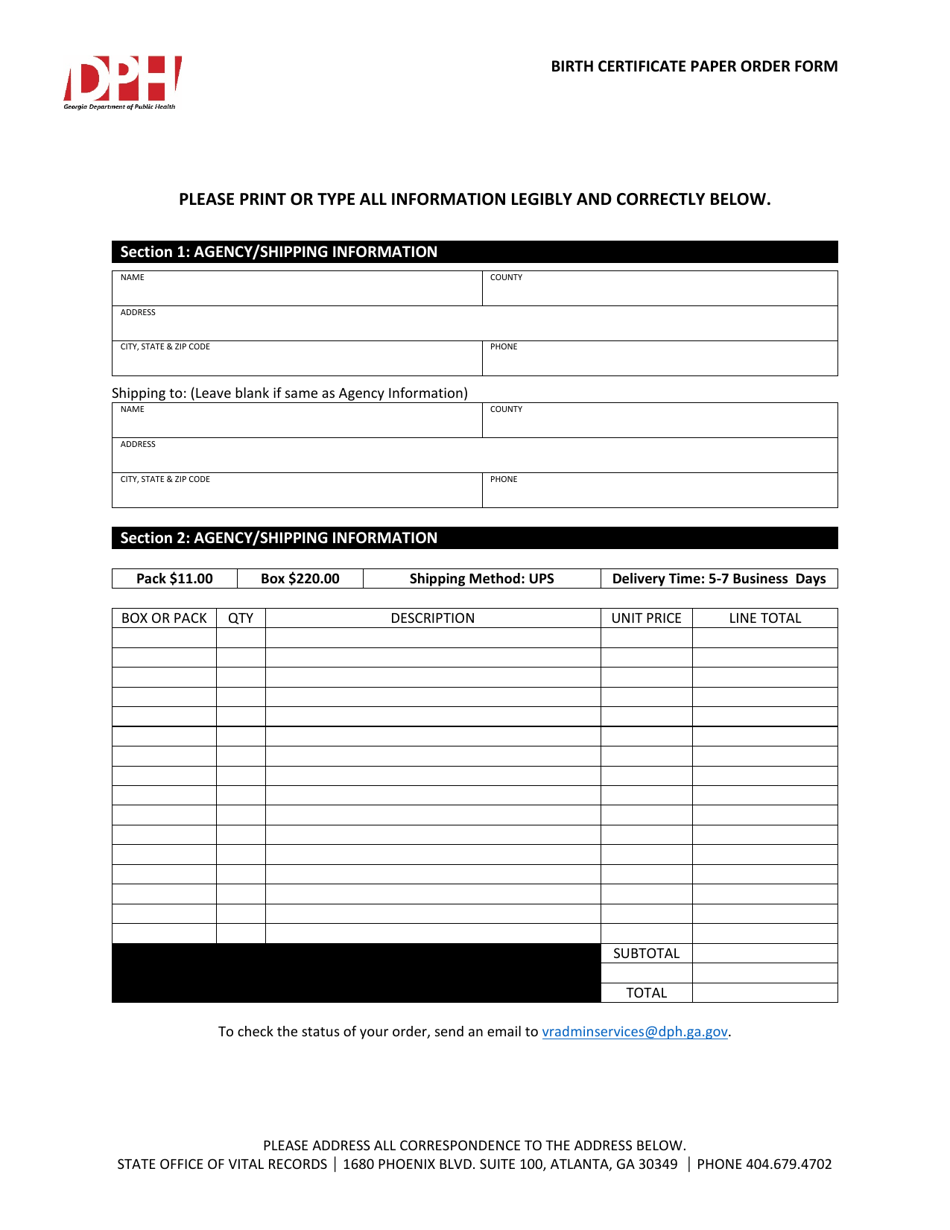 Georgia United States Birth Certificate Paper Order Form Fill Out Georgia United States Birth Certificate Paper Order Form Fill Out
