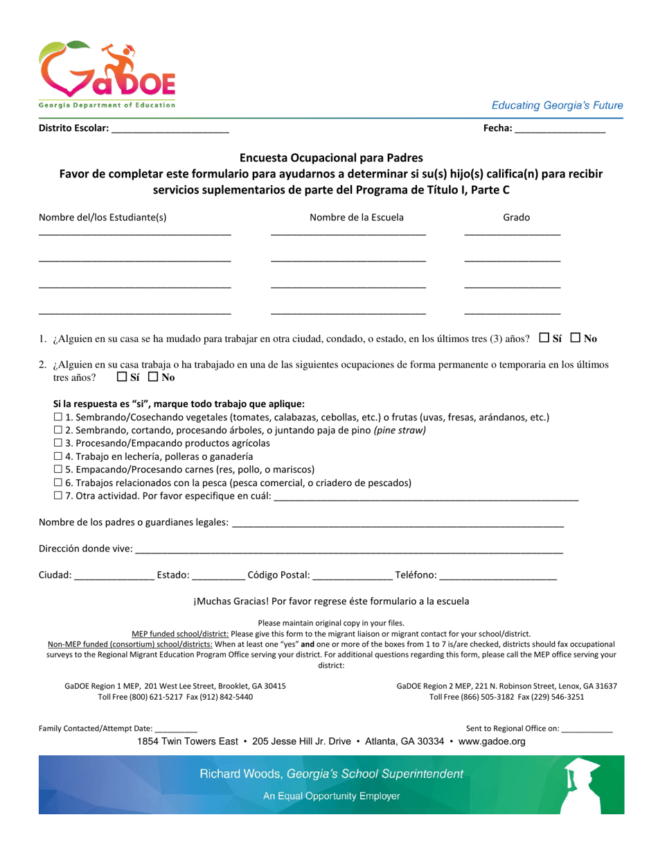 Georgia (United States) Parent Occupational Survey (English/Spanish ...