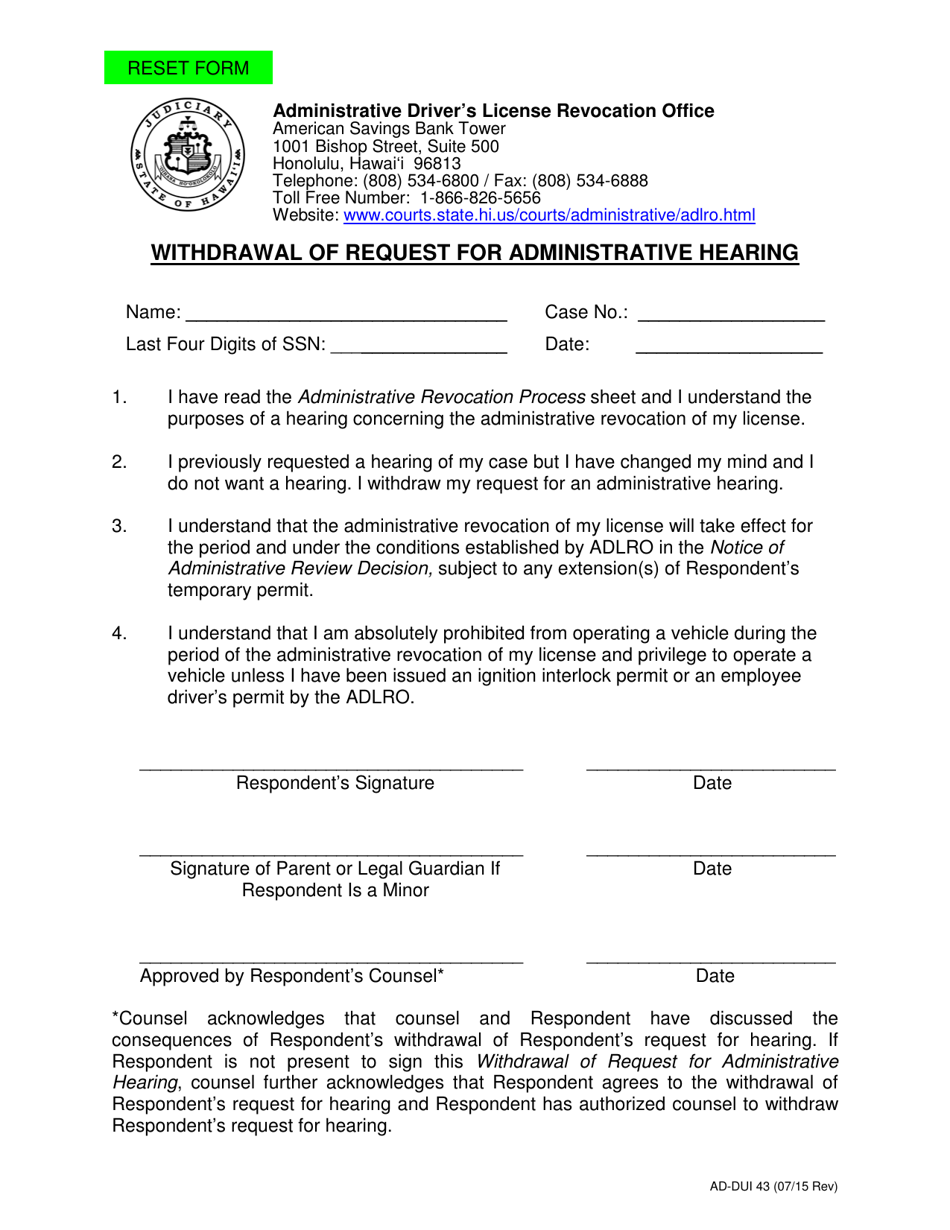 AD-DUI Form 43 - Fill Out, Sign Online and Download Fillable PDF ...