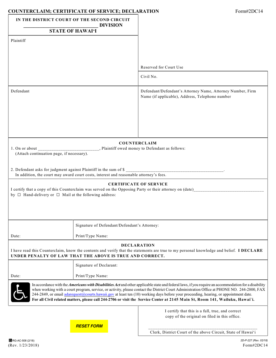 Form 2DC14 - Fill Out, Sign Online and Download Fillable PDF, Hawaii ...