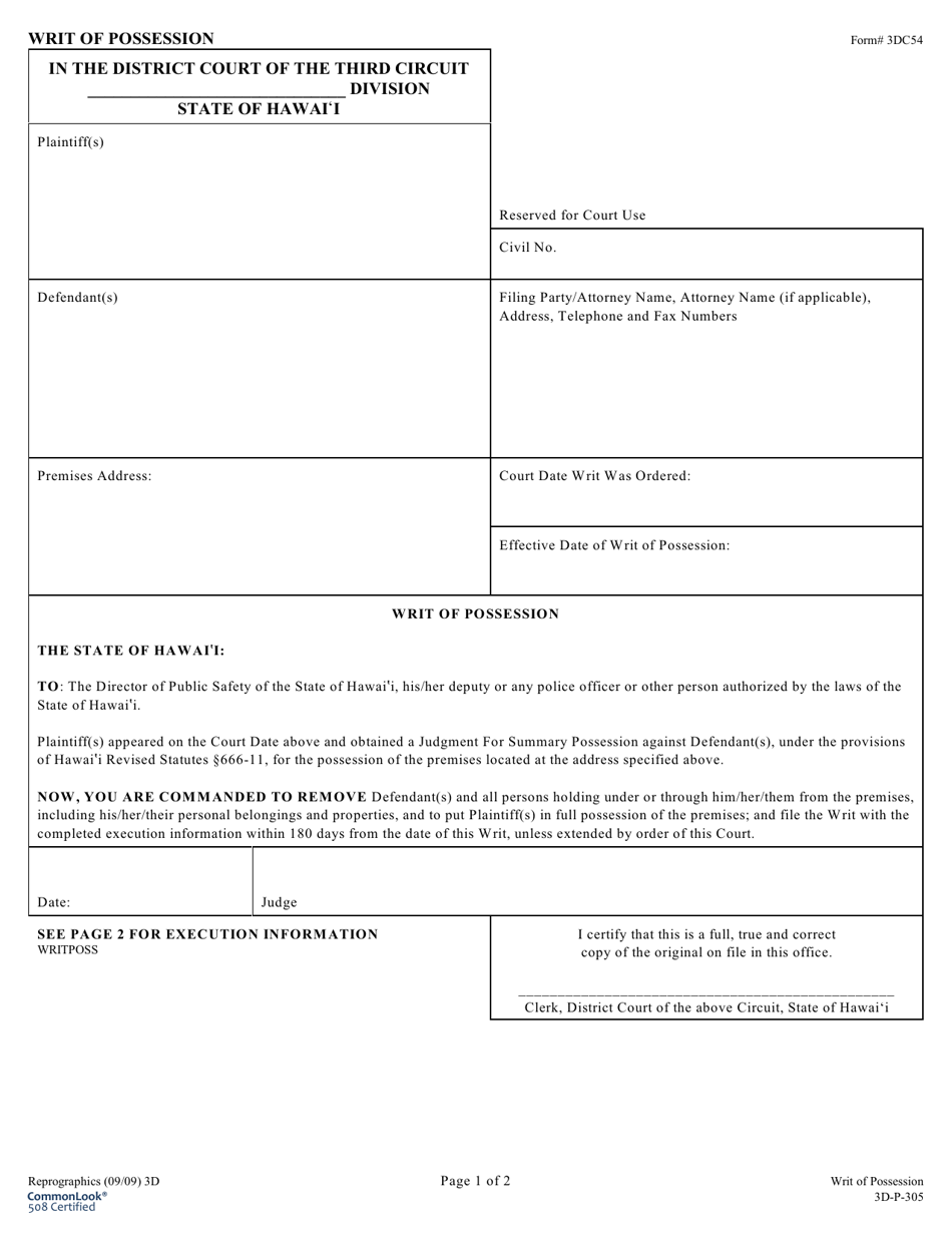 Form 3DC54 - Fill Out, Sign Online and Download Fillable PDF, Hawaii ...
