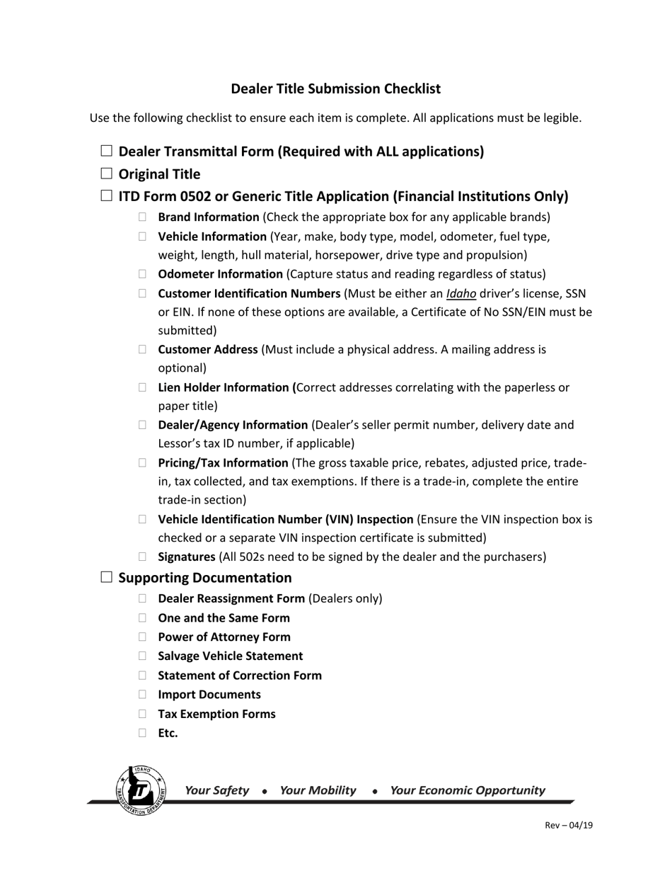 Idaho Dealer Title Submission Checklist Download Printable PDF | Templateroller