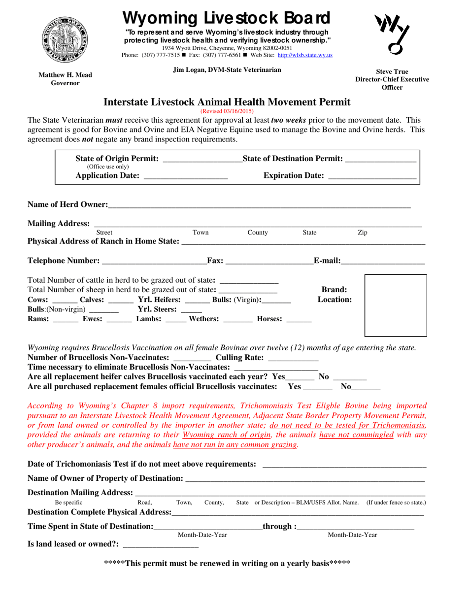 Wyoming Interstate Livestock Animal Health Movement Permit - Fill Out ...