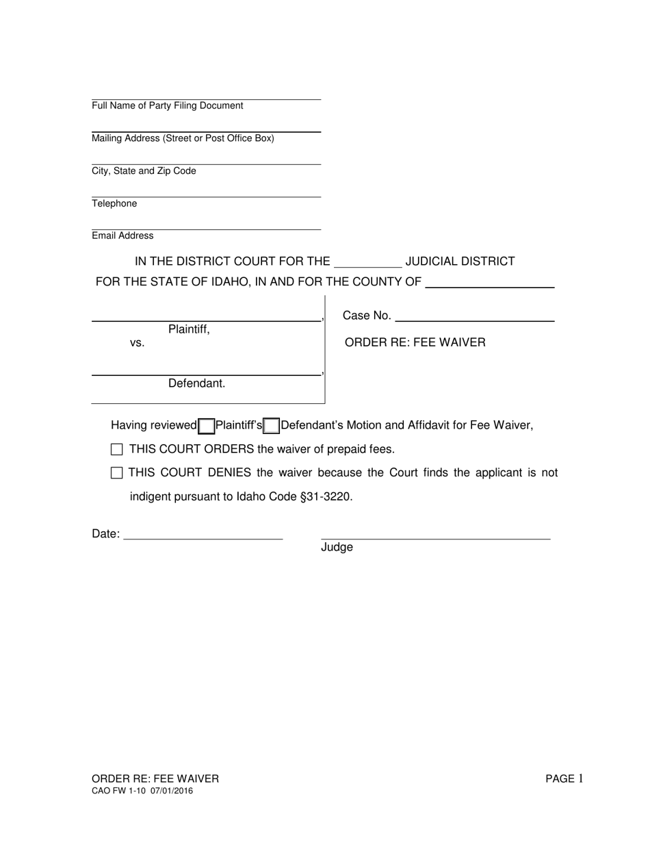 Form CAO FW1-10 - Fill Out, Sign Online and Download Fillable PDF, Idaho | Templateroller