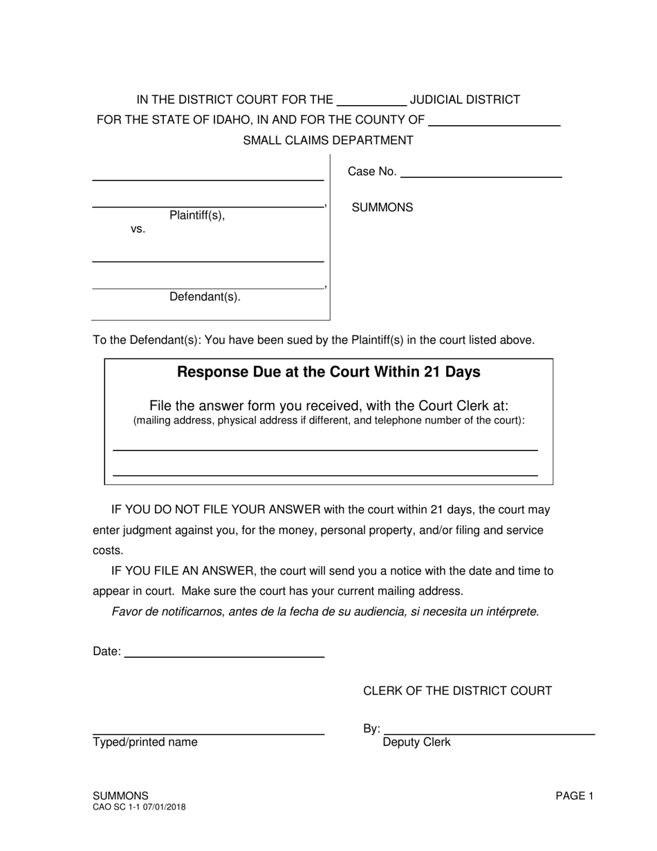 Form CAO SC1-1 - Fill Out, Sign Online and Download Fillable PDF, Idaho ...