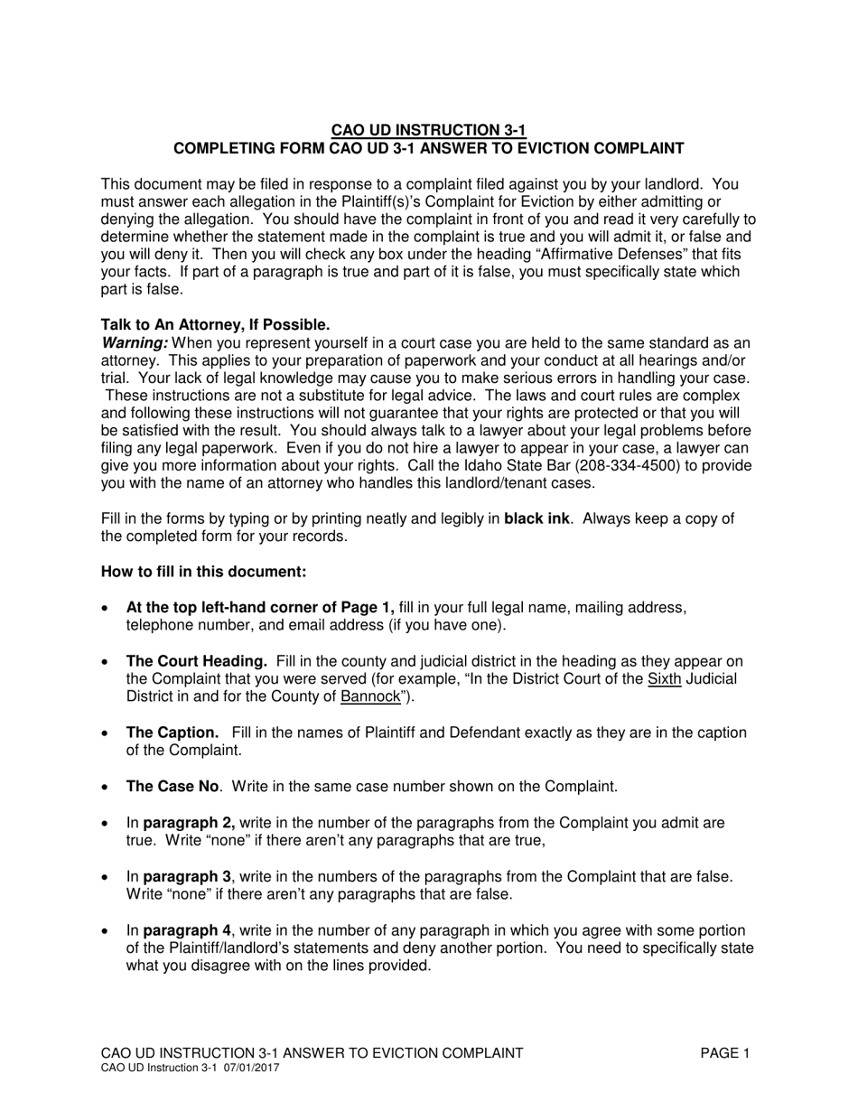Download Instructions for Form CAO UD3-1 Answer to Complaint for Eviction (Expedited Proceeding ...