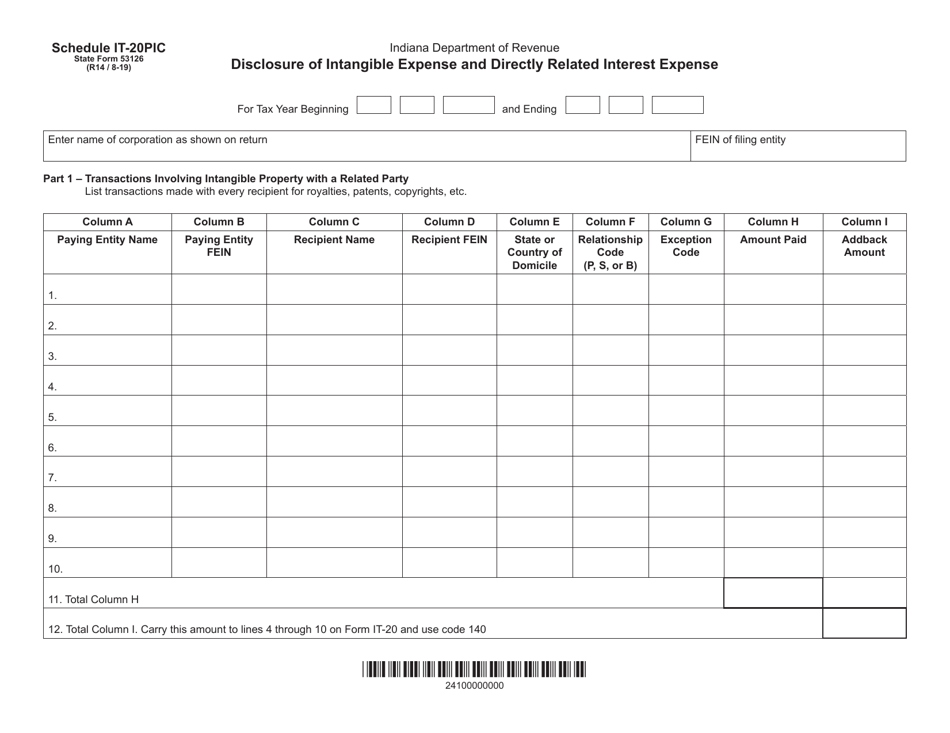 State Form 53126 Schedule IT-20PIC - Fill Out, Sign Online and Download ...