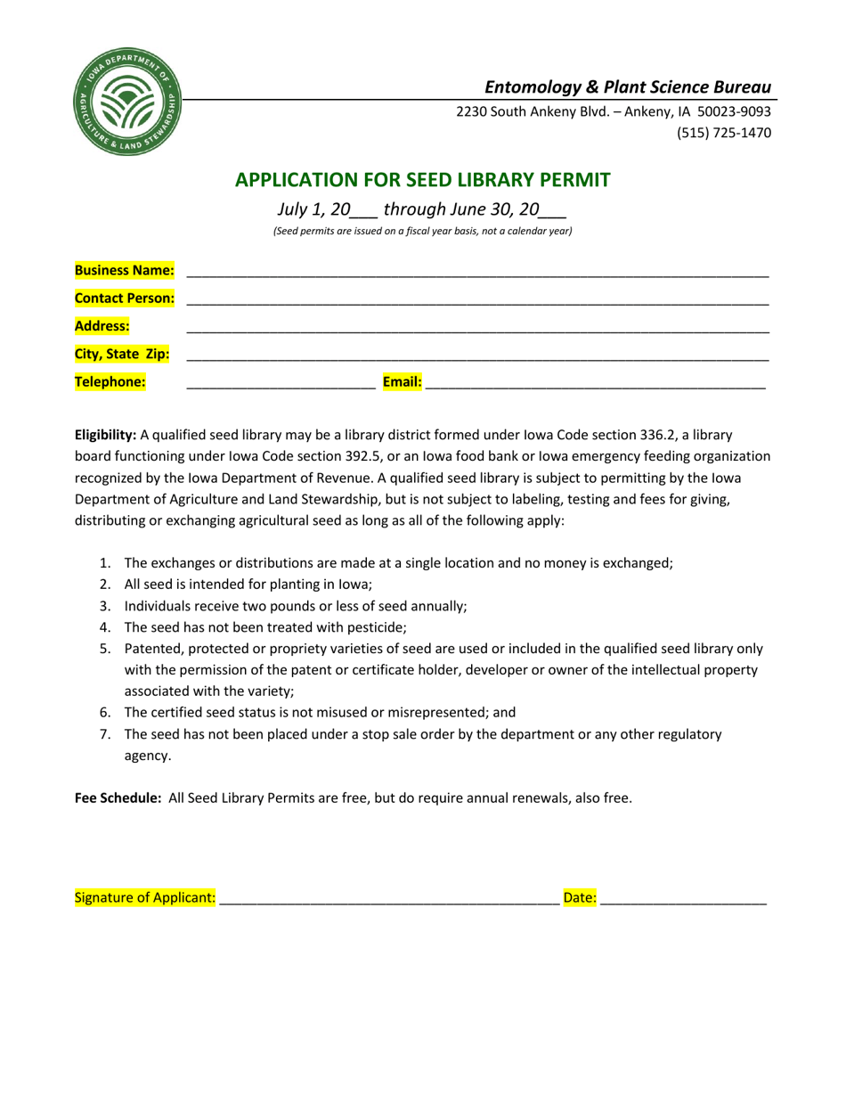 Iowa Application for Seed Library Permit - Fill Out, Sign Online and ...