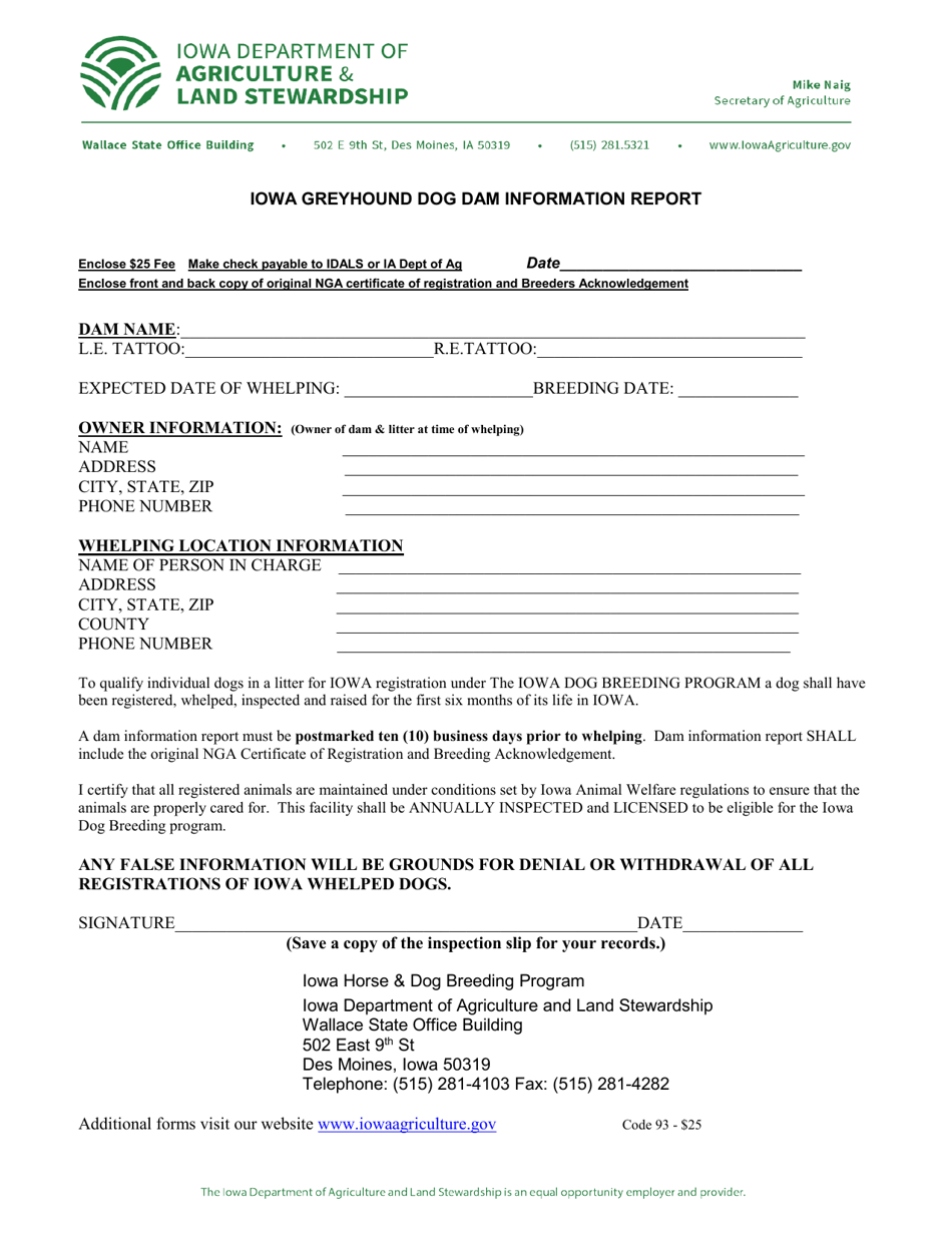 Iowa Iowa Greyhound Dog Dam Information Report - Fill Out, Sign Online ...