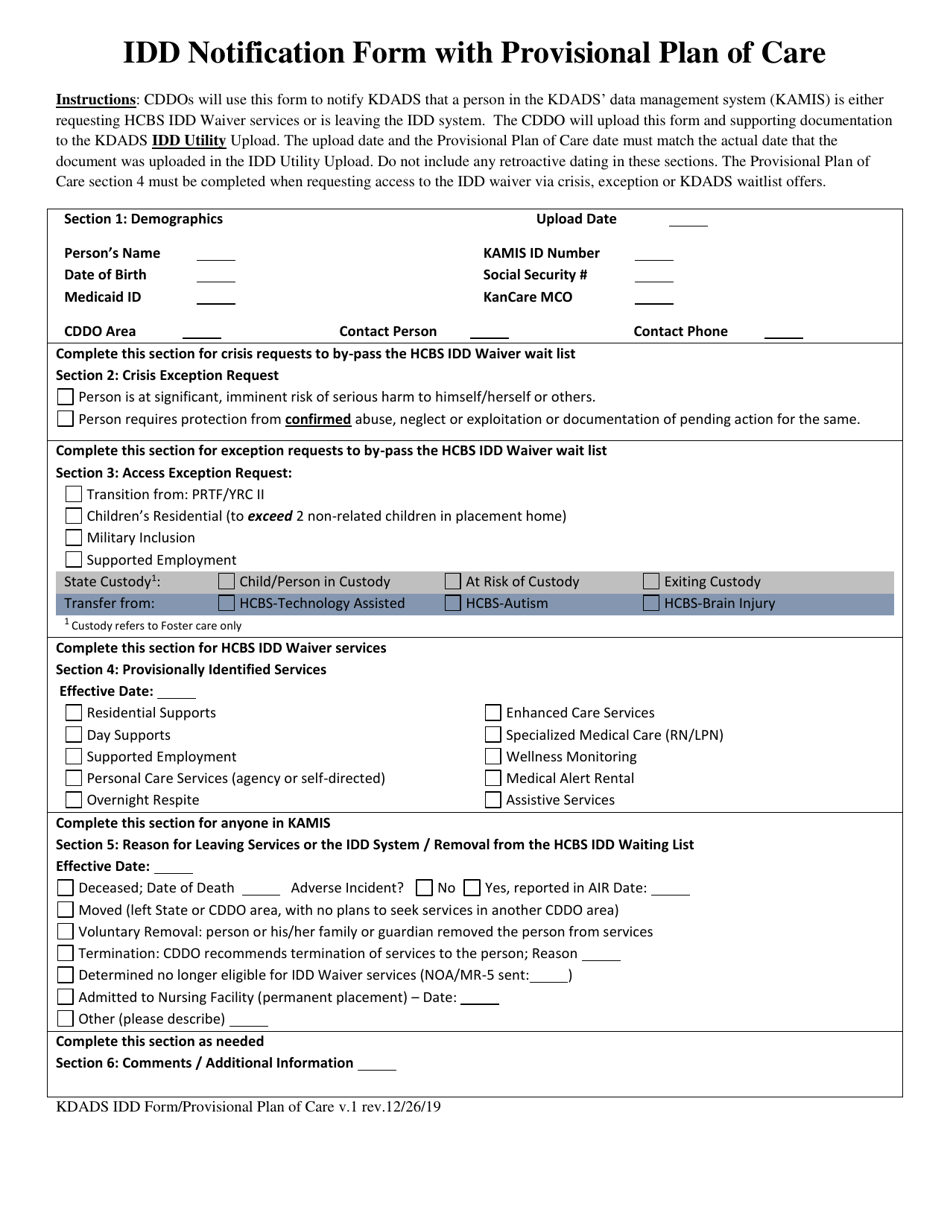 Kansas Idd Notification Form With Provisional Plan of Care - Fill Out ...