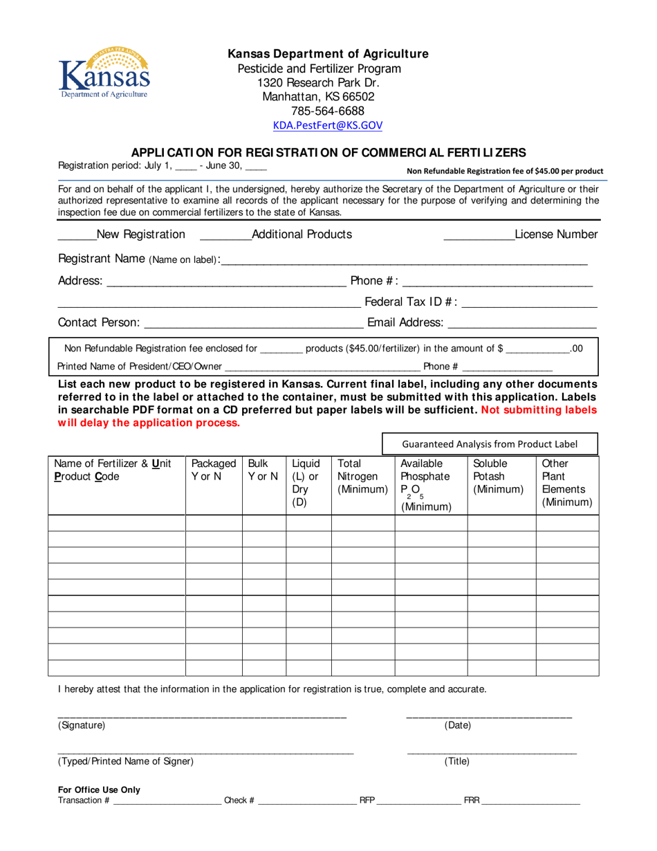 Kansas Application for Registration of Commercial Fertilizers - Fill ...