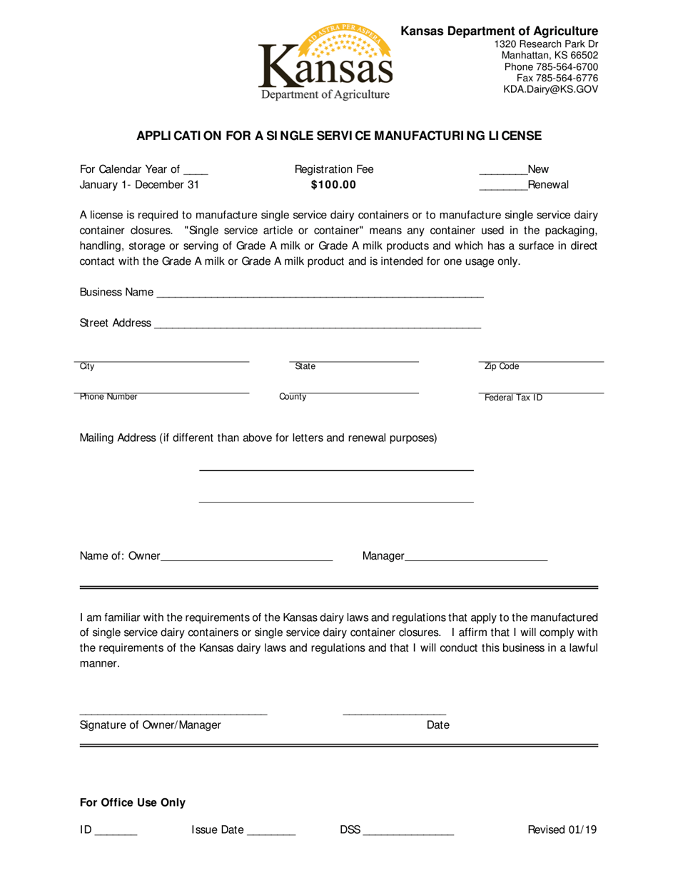 Kansas Application for a Single Service Manufacturing License - Fill ...