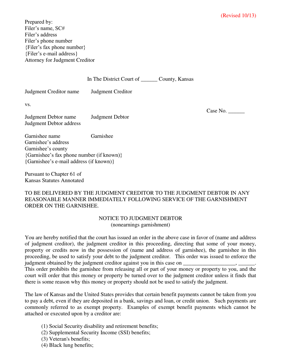Kansas Notice of Judgment Debtor (Nonearnings Garnishment) - Fill Out ...