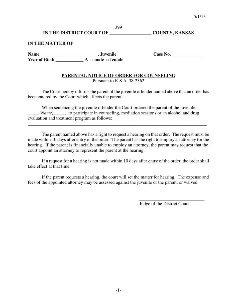 Form 399 - Fill Out, Sign Online and Download Printable PDF, Kansas ...