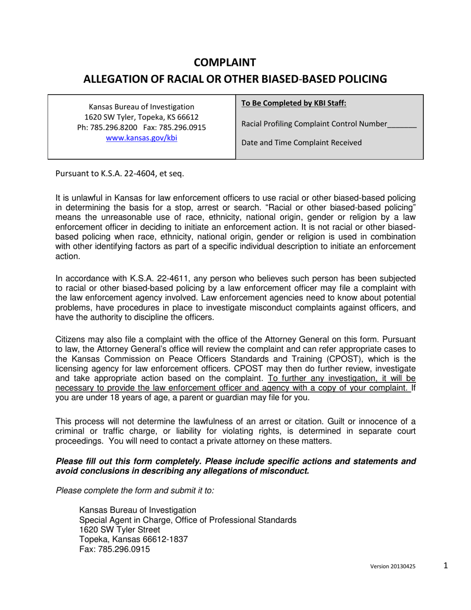 Kansas Racial or Other Biased-Based Policing Complaint Form - Fill Out ...