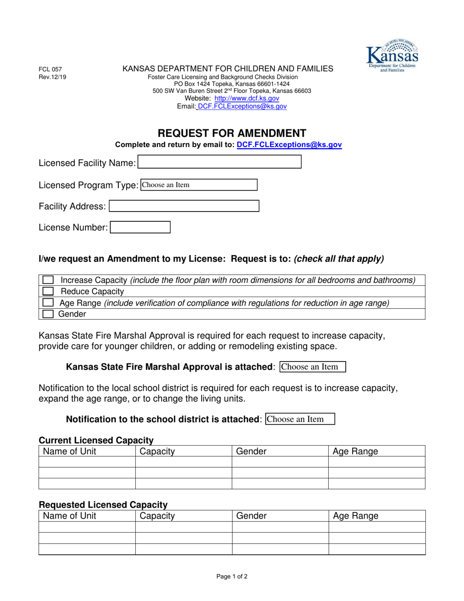 Form FCL057 Download Fillable PDF or Fill Online Request for Amendment, Kansas | Templateroller