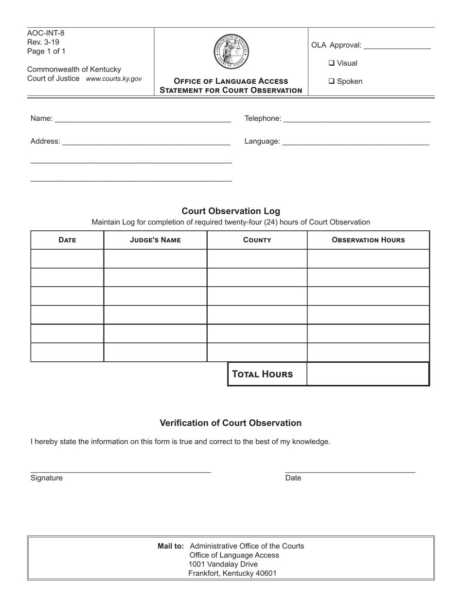 Form AOC-INT-8 Download Printable PDF or Fill Online Statement for ...