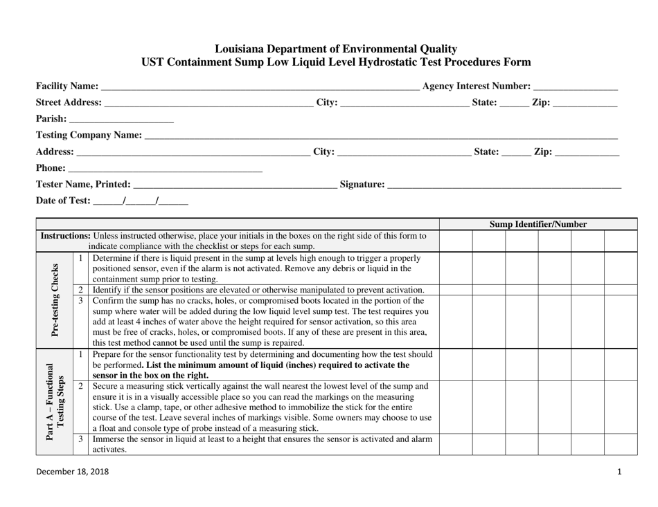 Louisiana Ust Containment Sump Low Liquid Level Hydrostatic Test ...