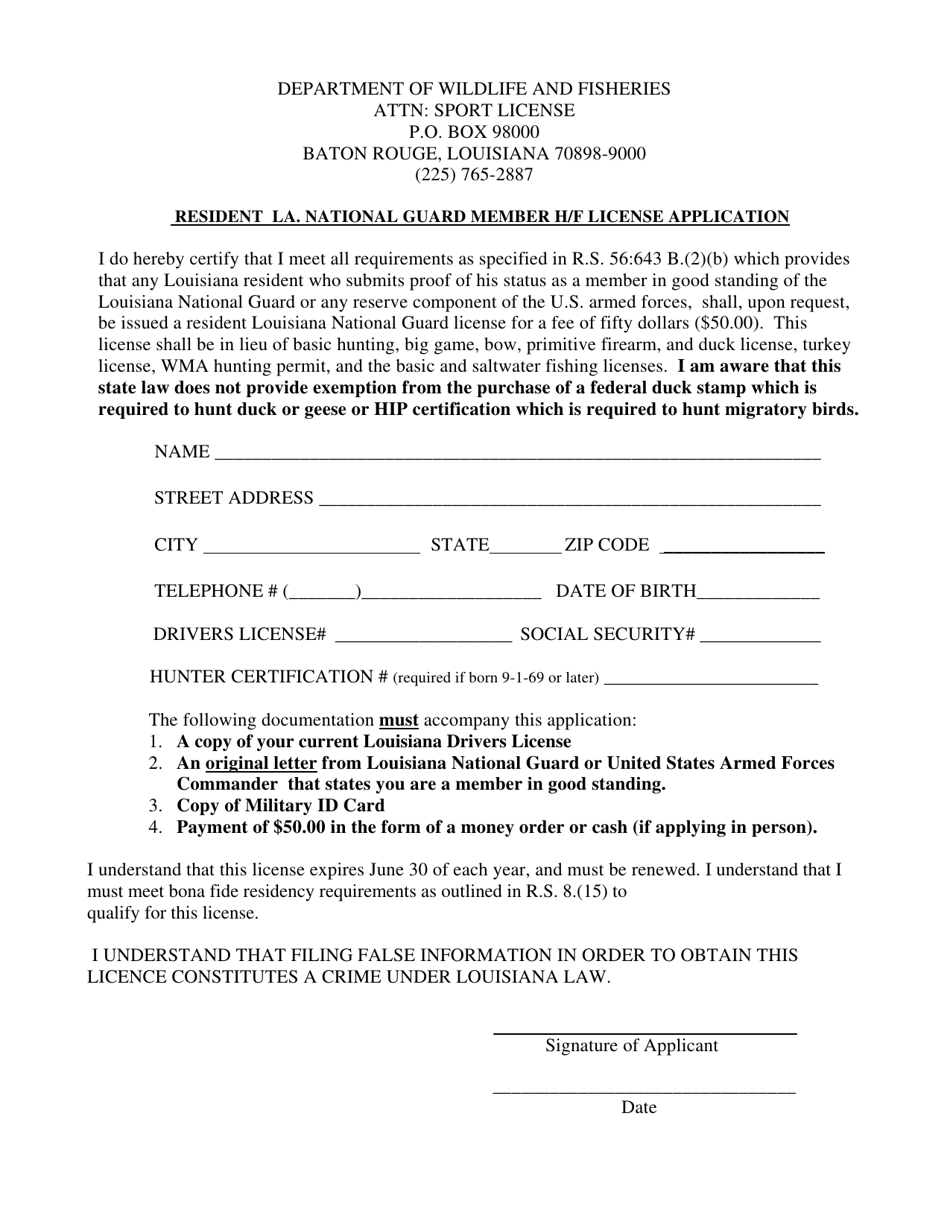 Louisiana Resident La. National Guard Member H/F License Application ...