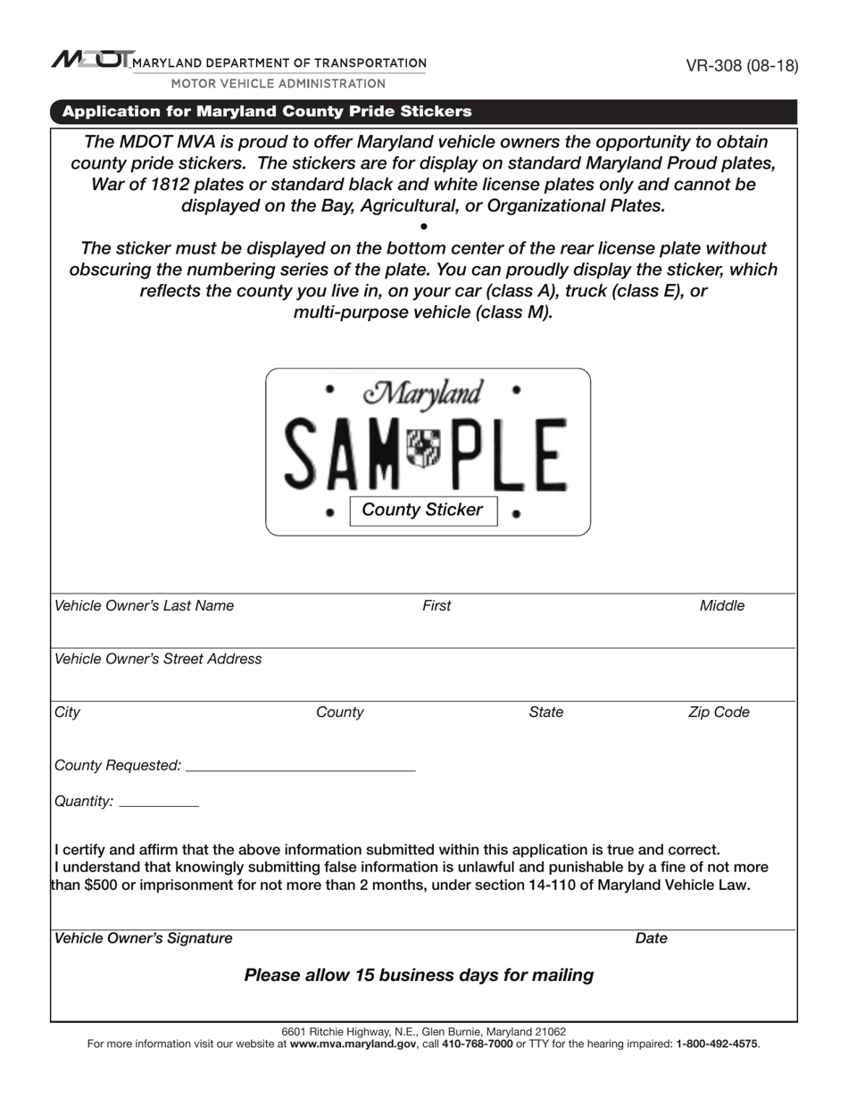 Form VR-308 - Fill Out, Sign Online and Download Fillable PDF, Maryland ...