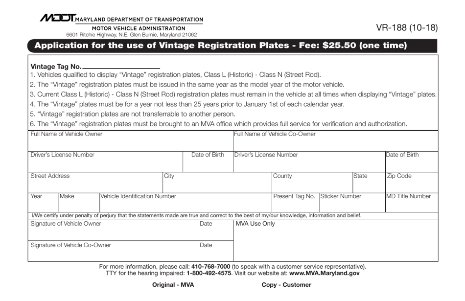 Form VR-188 - Fill Out, Sign Online and Download Fillable PDF, Maryland ...