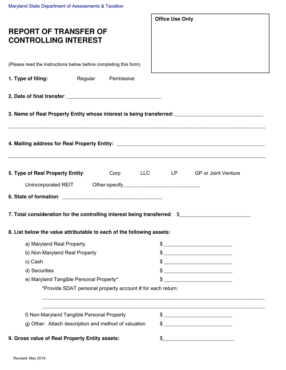 Maryland Report of Transfer of Controlling Interest Download Printable ...