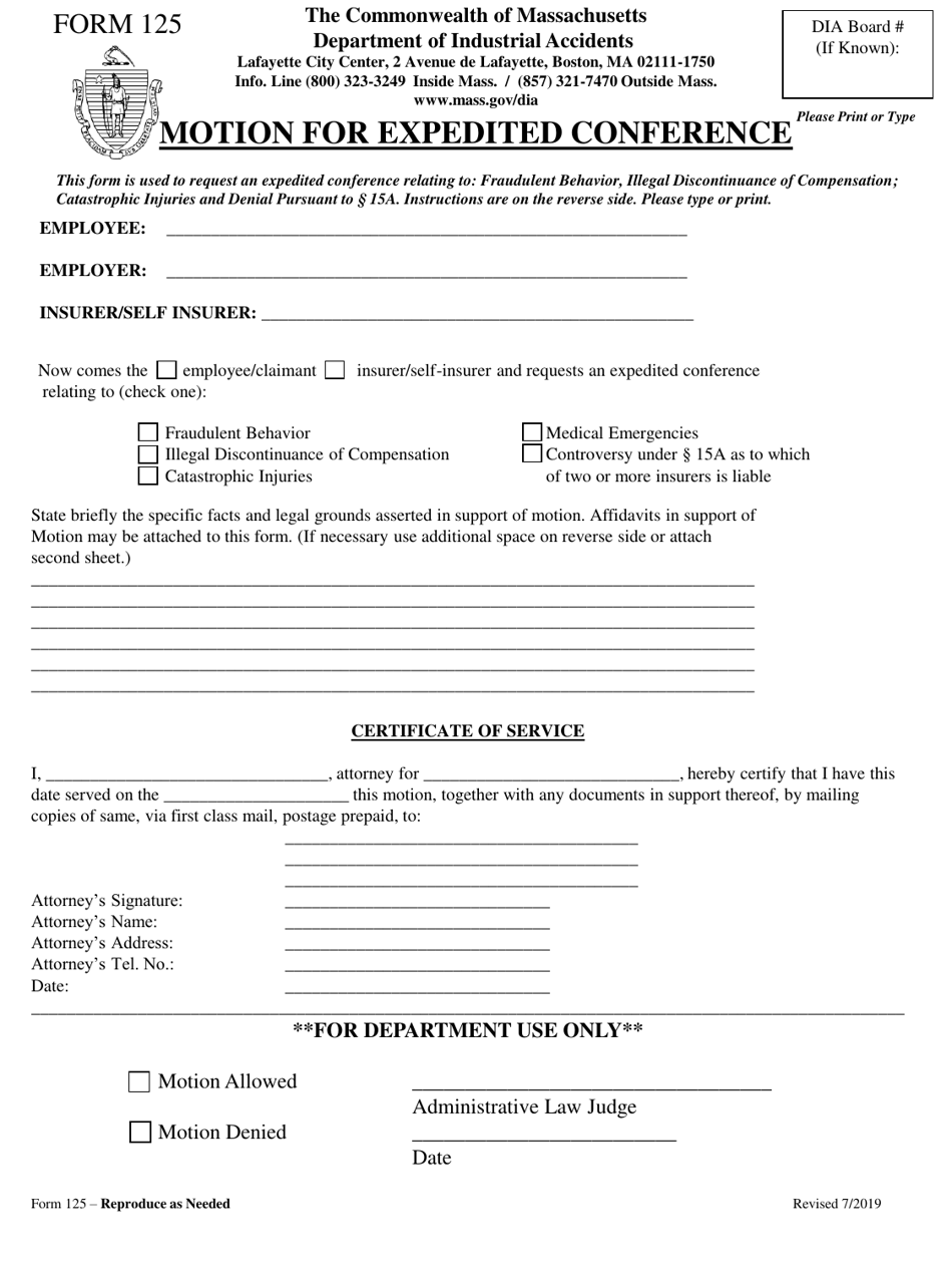 Form 125 Download Fillable PDF or Fill Online Motion for Expedited ...