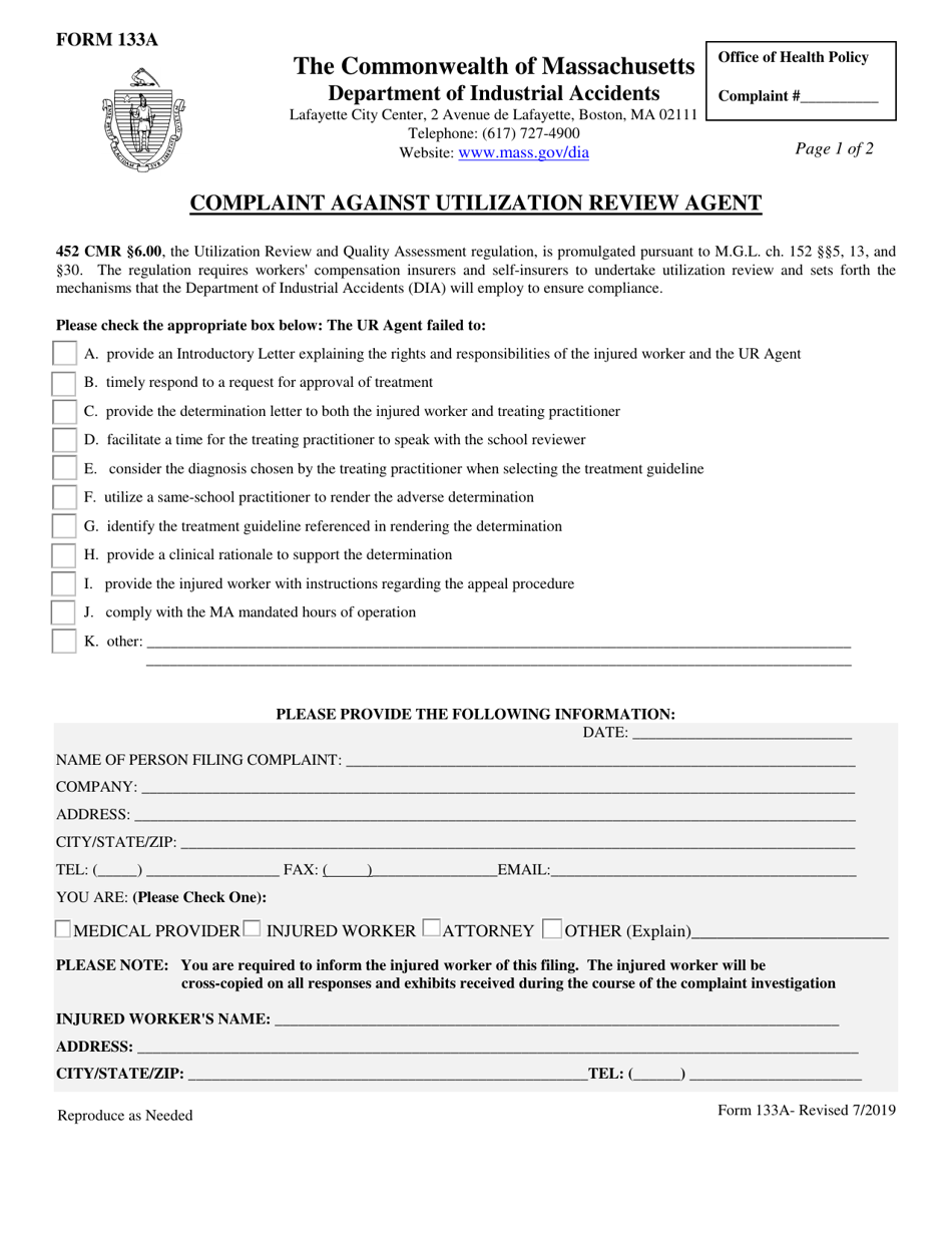 Form 133A Download Fillable PDF or Fill Online Complaint Against ...