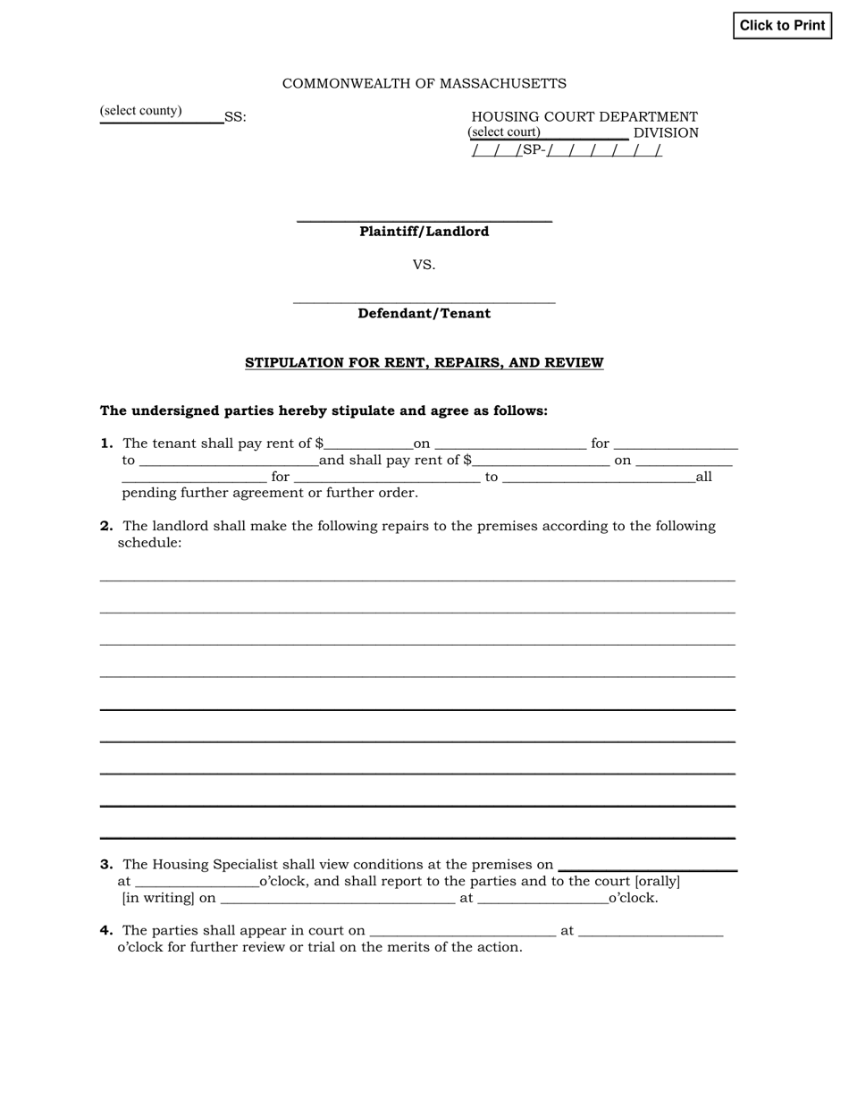 Massachusetts Stipulation for Rent, Repairs, and Review - Fill Out ...