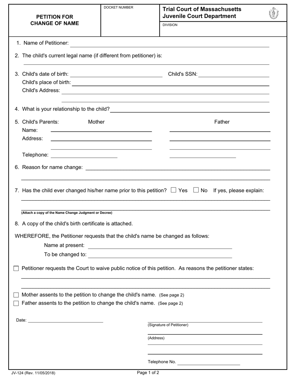 Form JV-124 - Fill Out, Sign Online and Download Fillable PDF ...