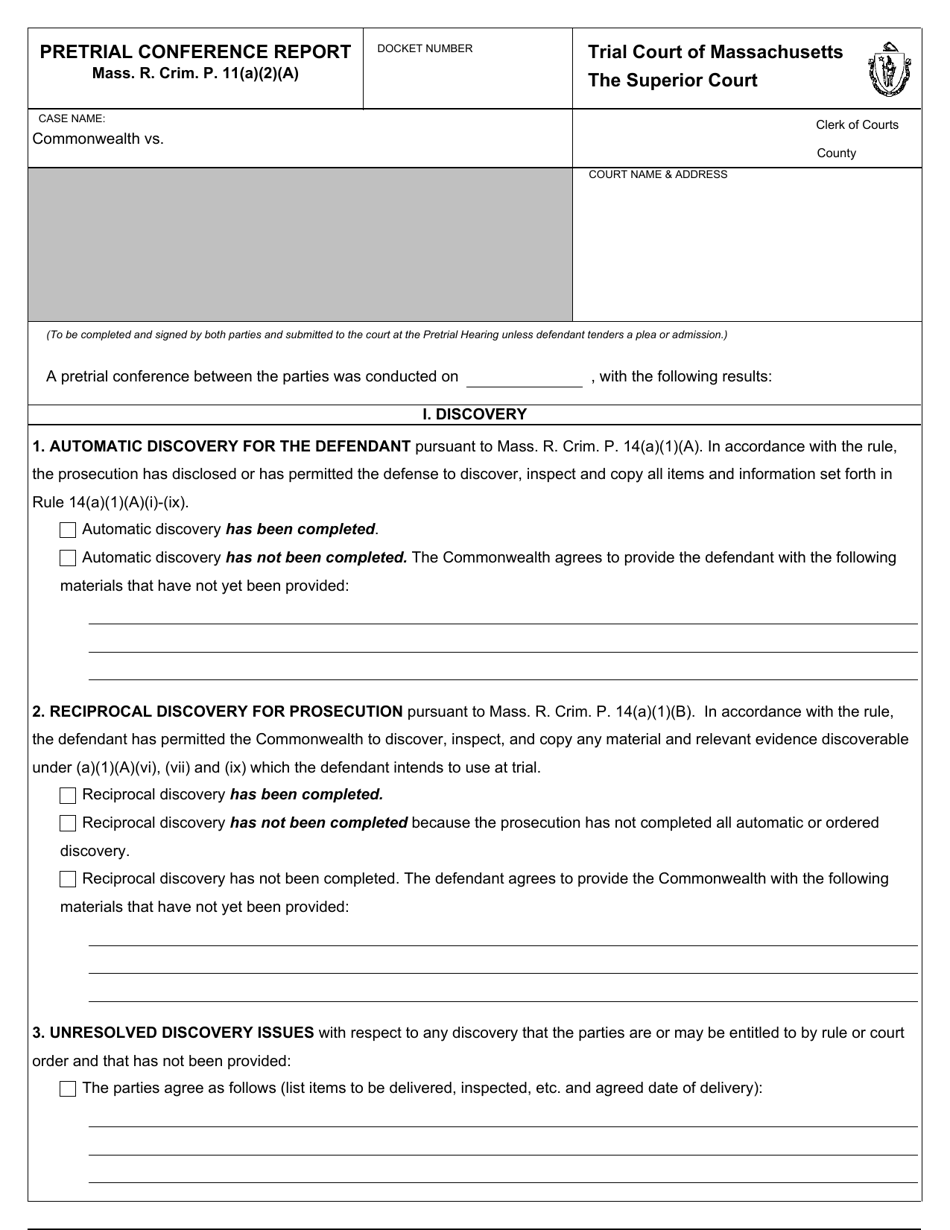Massachusetts Pretrial Conference Report Download Fillable PDF ...