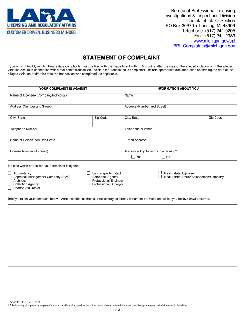 Michigan Statement of Complaint Download Fillable PDF | Templateroller