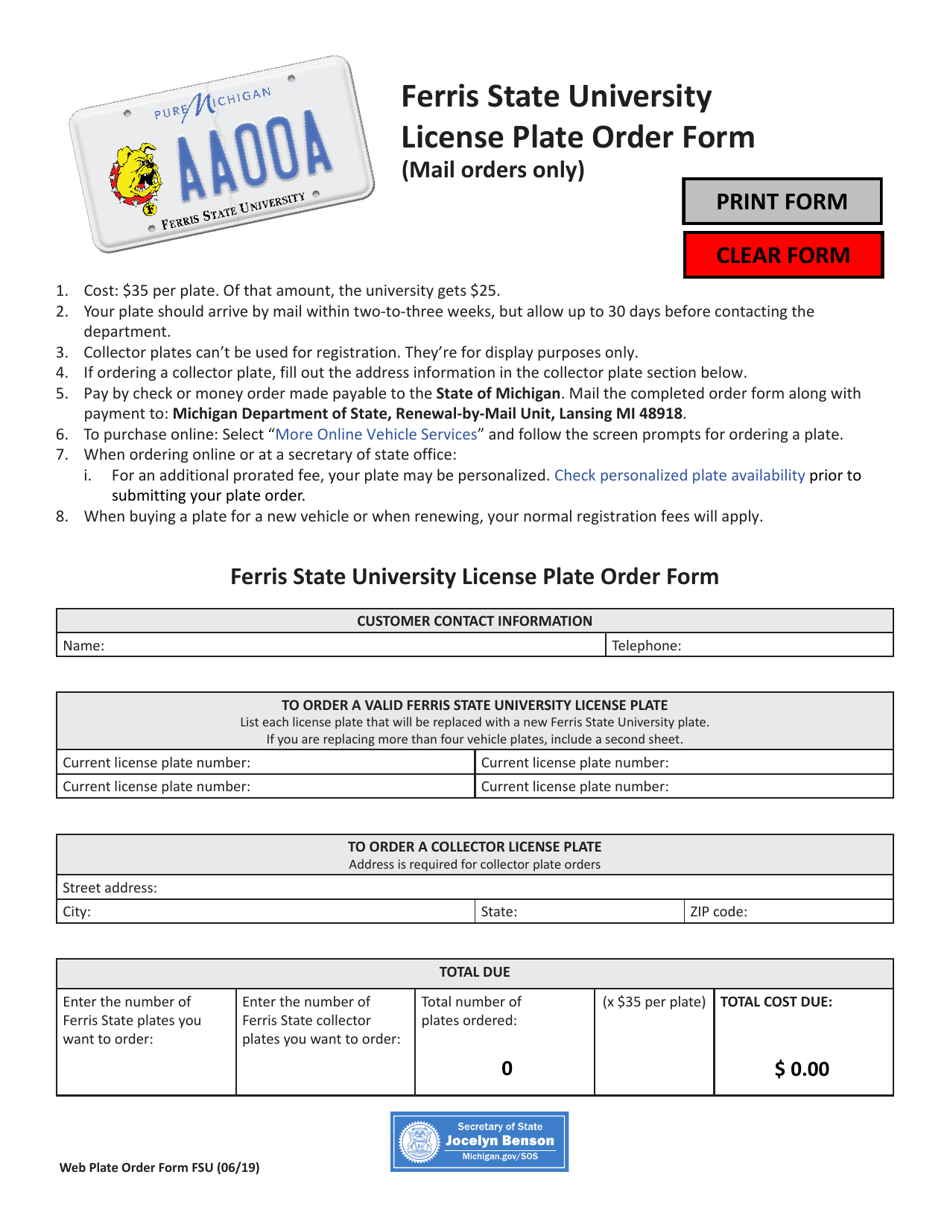 Michigan Ferris State University License Plate Order Form - Fill Out ...