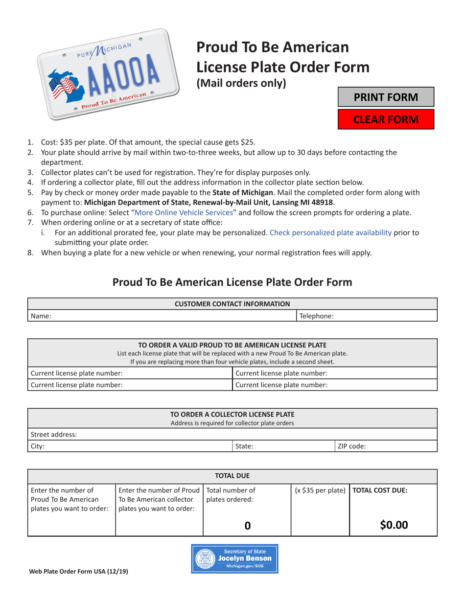 Michigan Proud to Be American License Plate Order Form - Fill Out, Sign ...