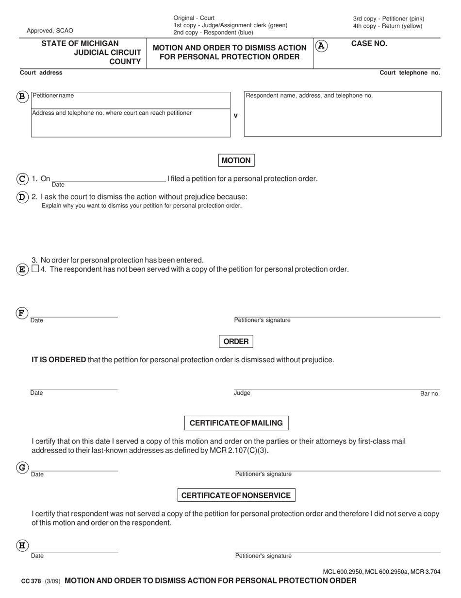 Form CC378 - Fill Out, Sign Online and Download Fillable PDF, Michigan ...
