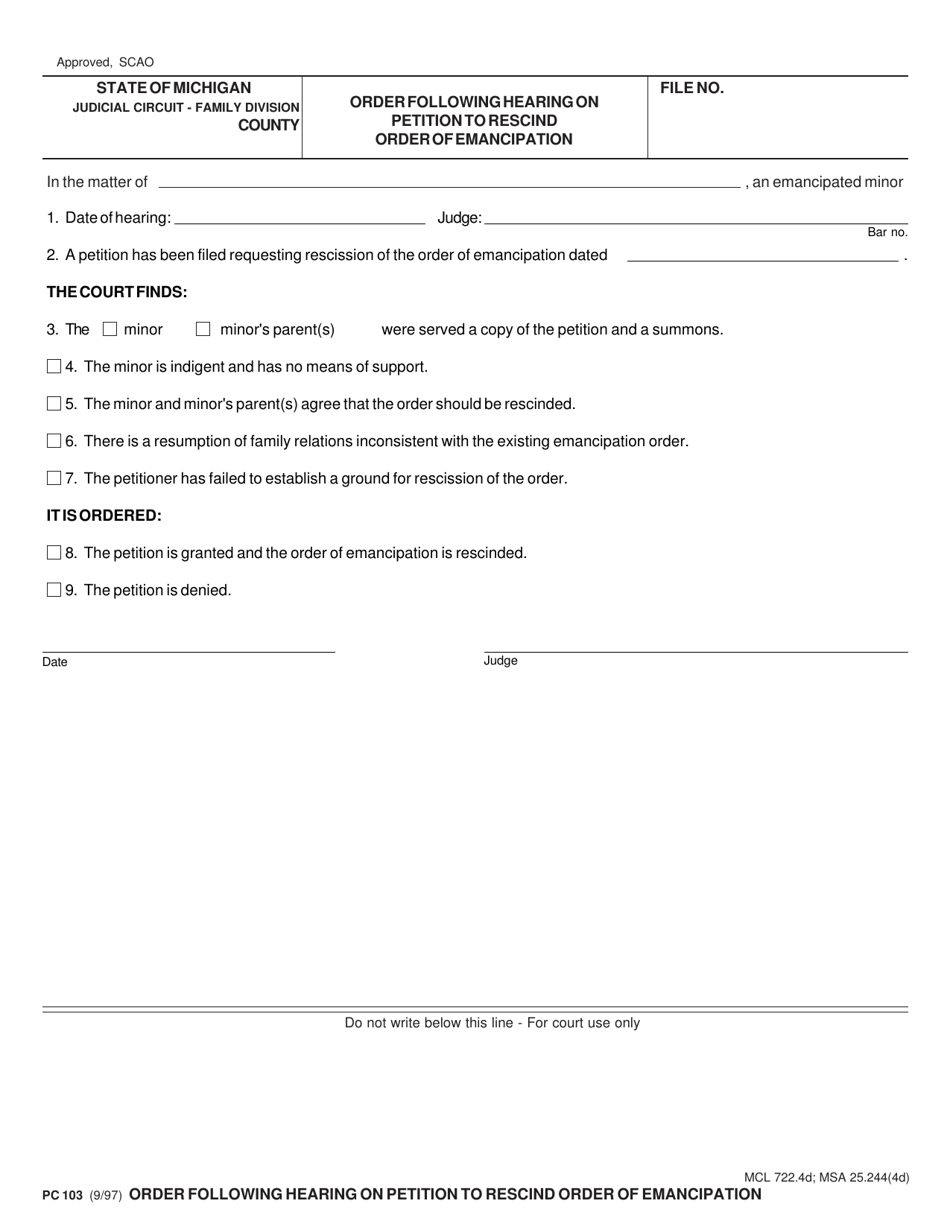 Form PC103 Download Fillable PDF or Fill Online Order Following Hearing ...