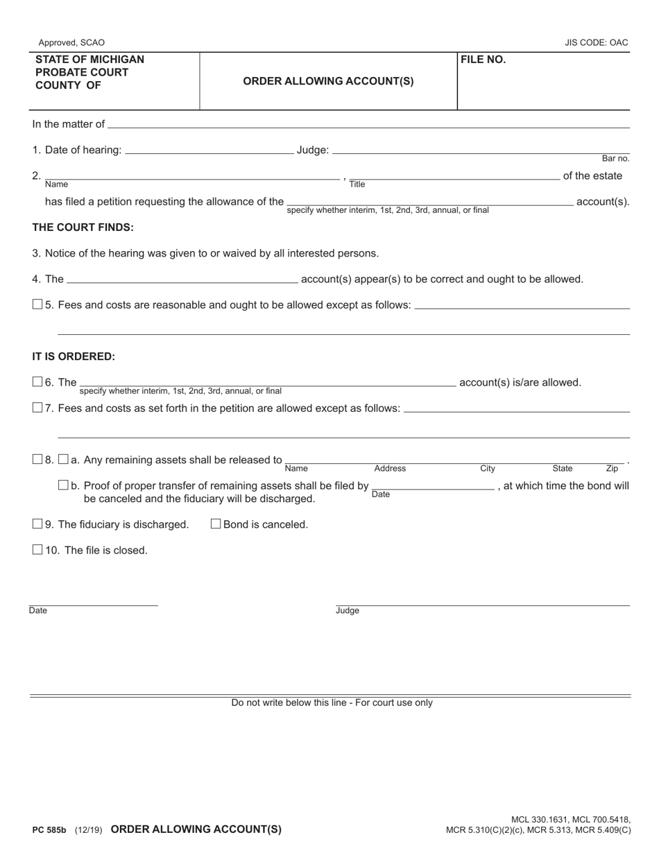 Form PC585B Download Fillable PDF or Fill Online Order Allowing Account ...