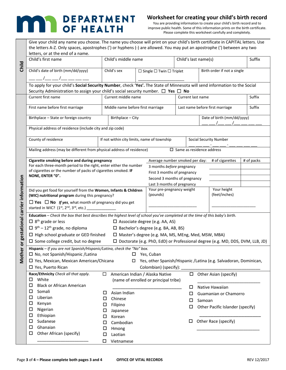 Minnesota Worksheet for Creating Your Child's Birth Record - Fill Out ... Minnesota Worksheet for Creating Your Child's Birth Record - Fill Out ...