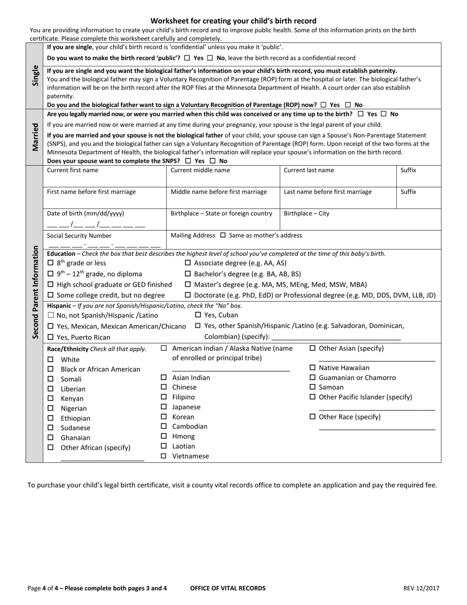Minnesota Worksheet for Creating Your Child's Birth Record - Fill Out ... Minnesota Worksheet for Creating Your Child's Birth Record - Fill Out ...