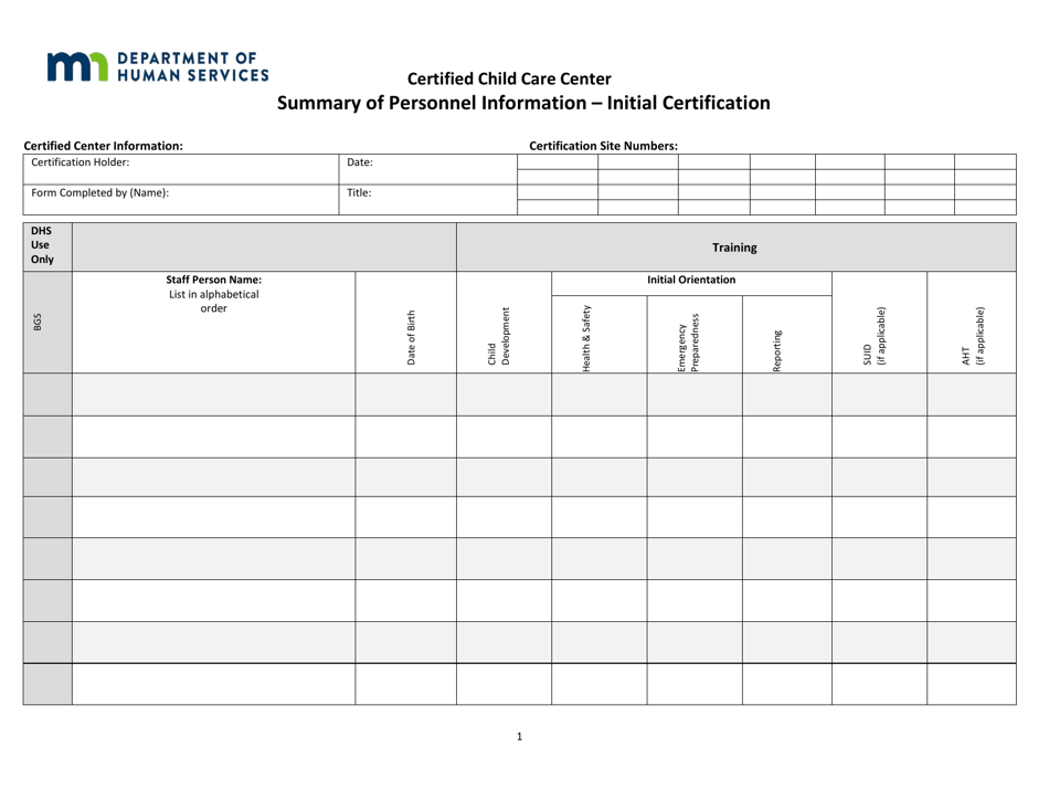 Minnesota Certified Child Care Center Summary of Personnel Information ...