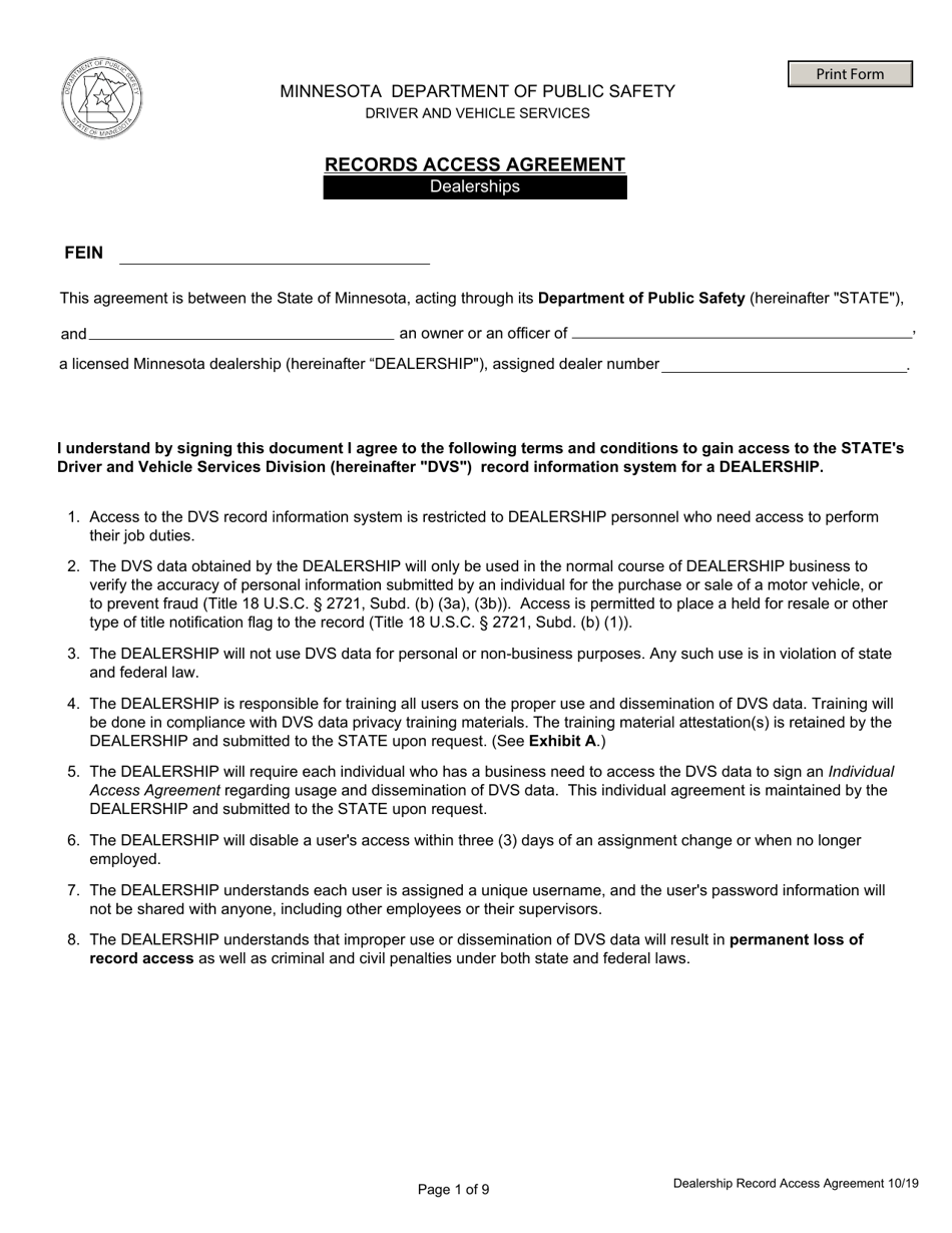 Minnesota Records Access Agreement - Dealerships - Fill Out, Sign ...