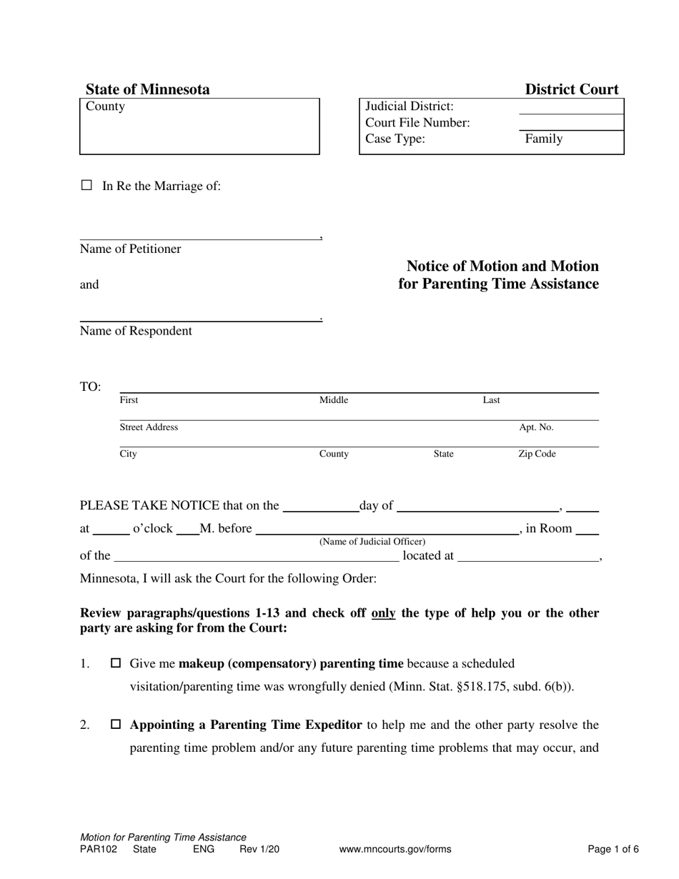 Form PAR102 Download Printable PDF or Fill Online Notice of Motion and ...