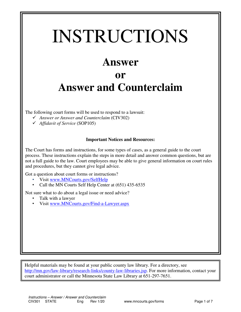 Download Instructions for Form CIV302, SOP105 Answer or Answer and ...