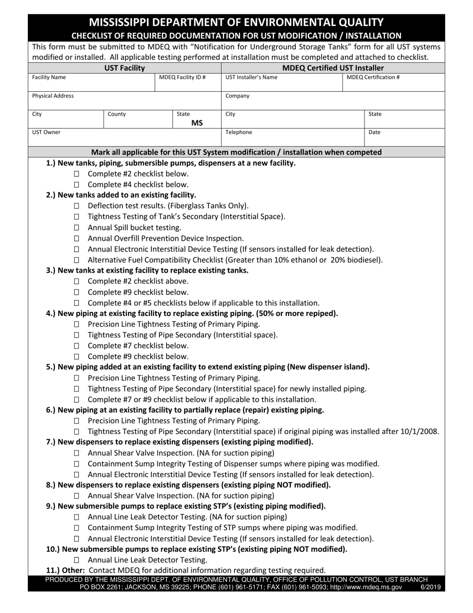 Mississippi Checklist of Required Documentation for Ust Modification/Installation - Fill Out ...
